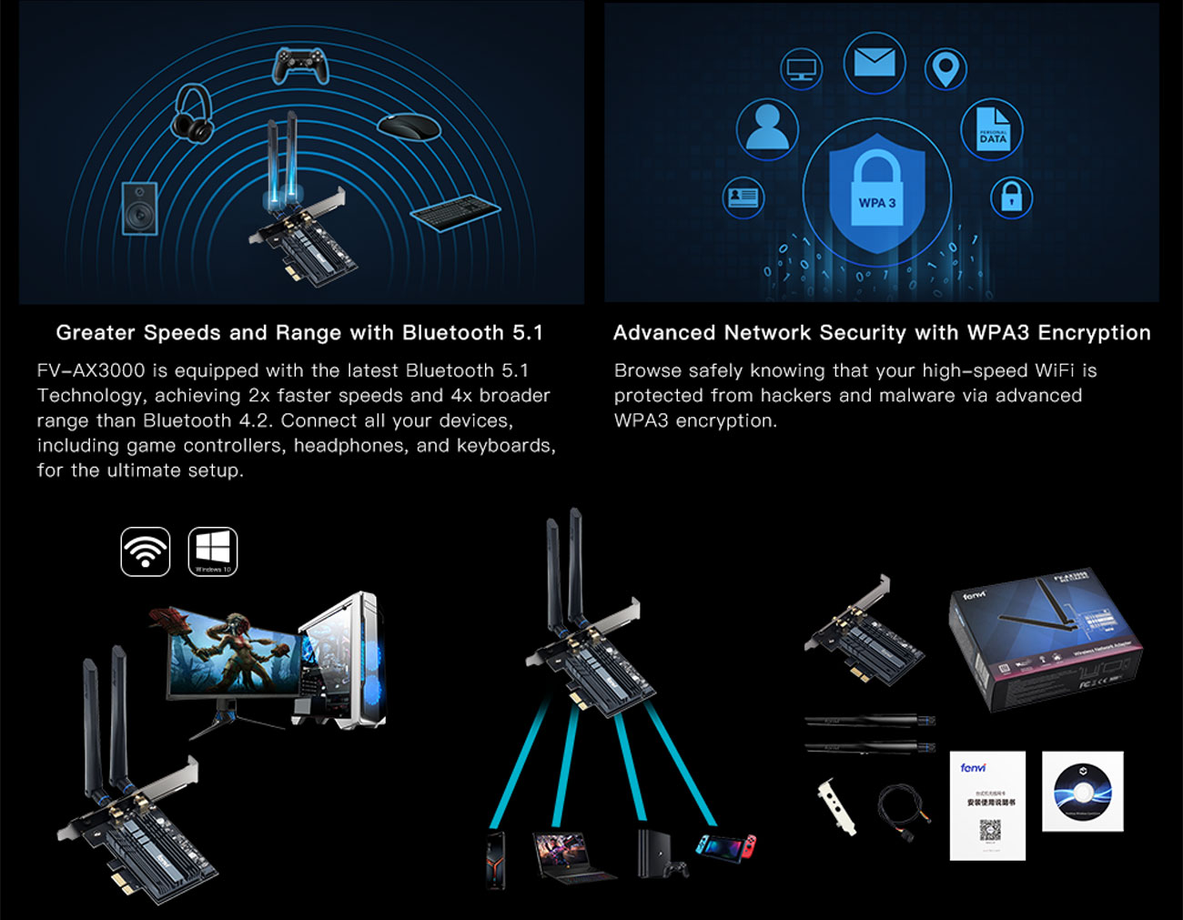 fenvi FV-AX3000 WiFi 6 PCIe WiFi Card, Up to 3000M, Bluetooth 5.1, 802 ...