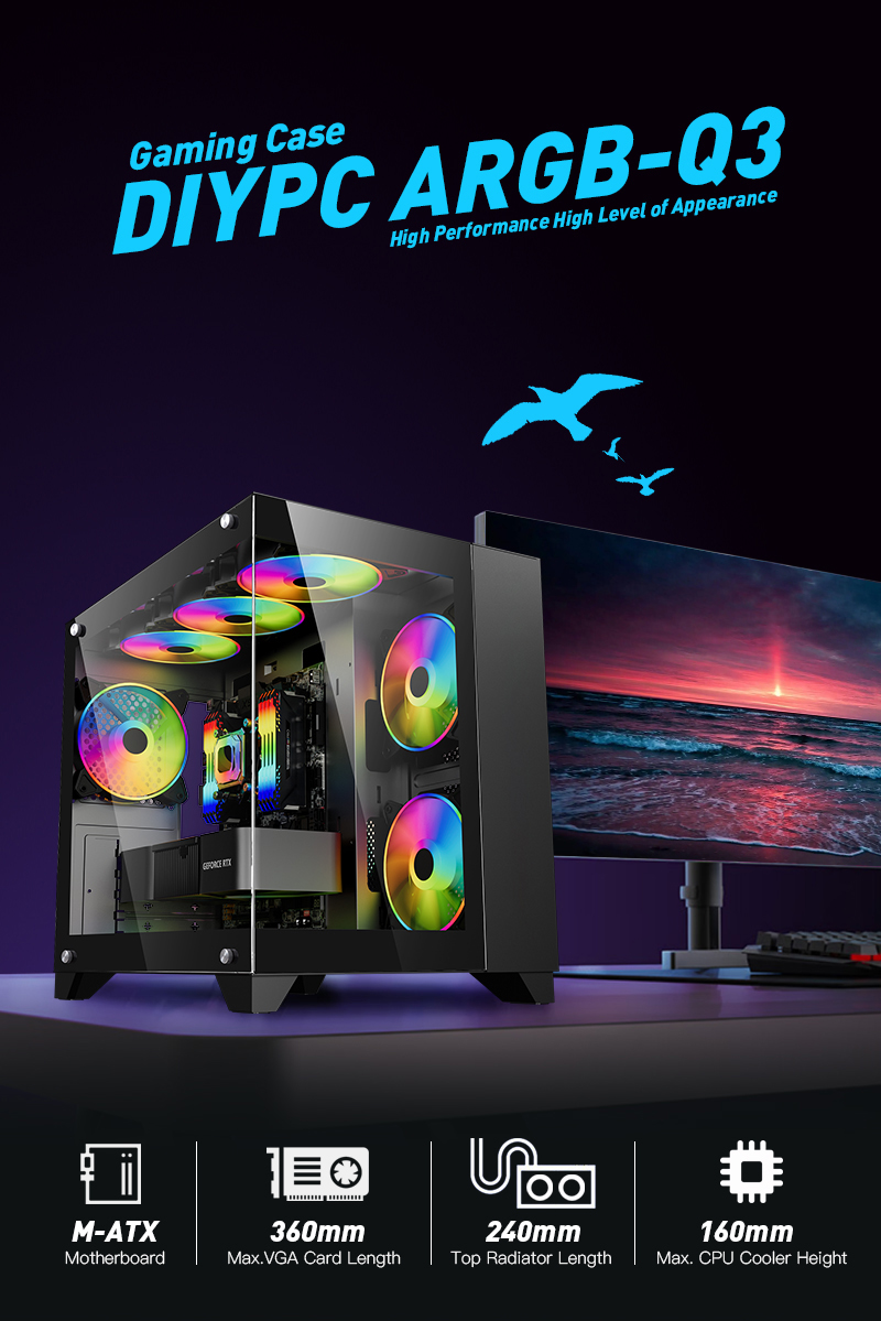 DIYPC ARGB-Q3-BK Black USB3.0 Tempered Glass Micro ATX Gaming Computer ...