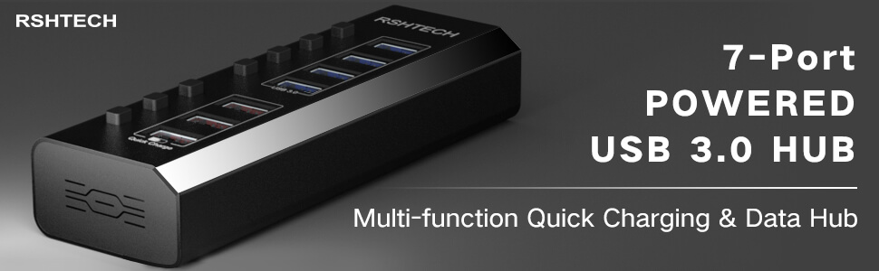 RSHTECH Powered USB Hub 7 Ports USB 3.0 Hub with 4 High Speed Data Transfer Ports + 3 Fast ...
